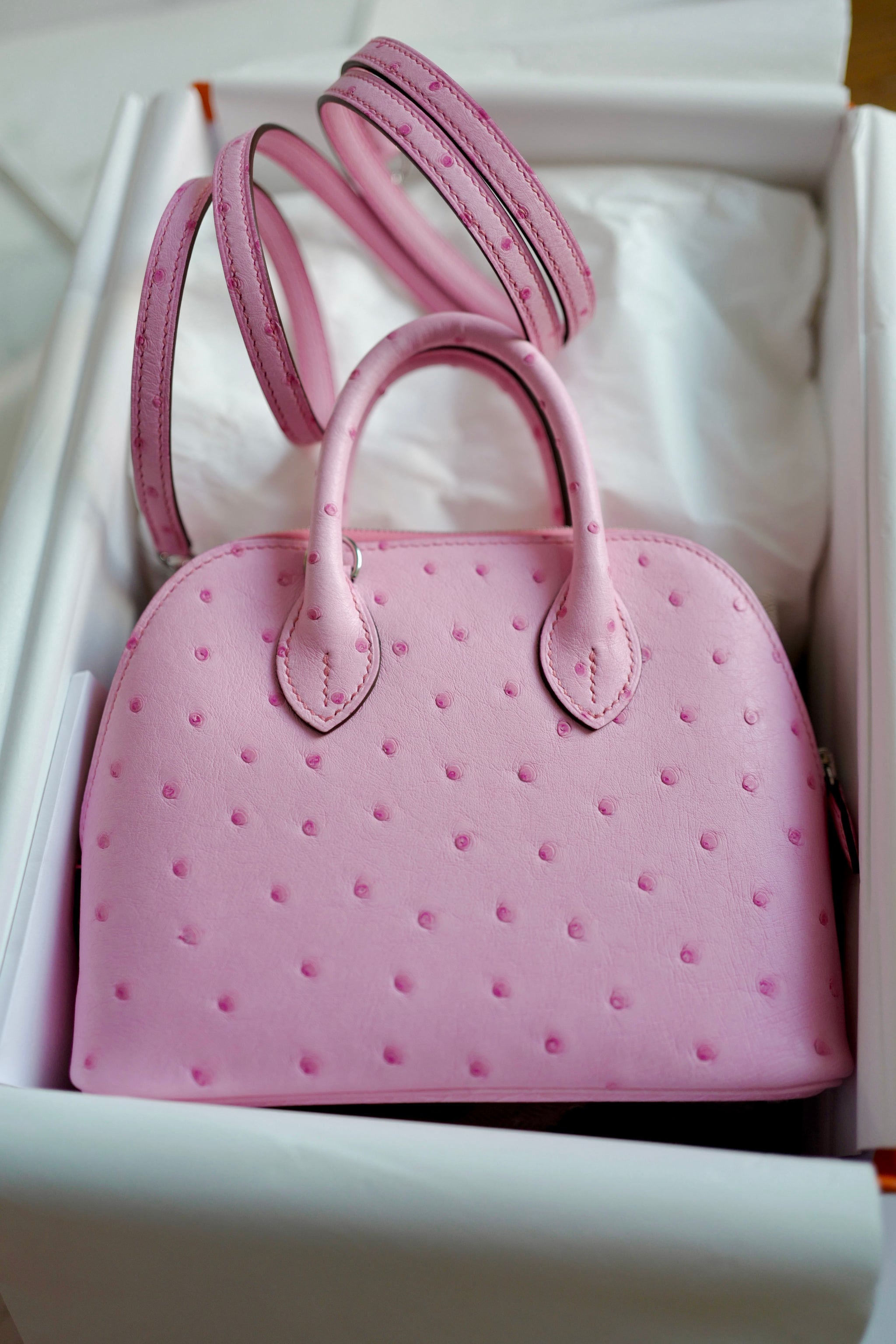 BNIB Hermes Bolide 1923 Mini Ostrich Rose Bubblegum 5P Pink With Cross