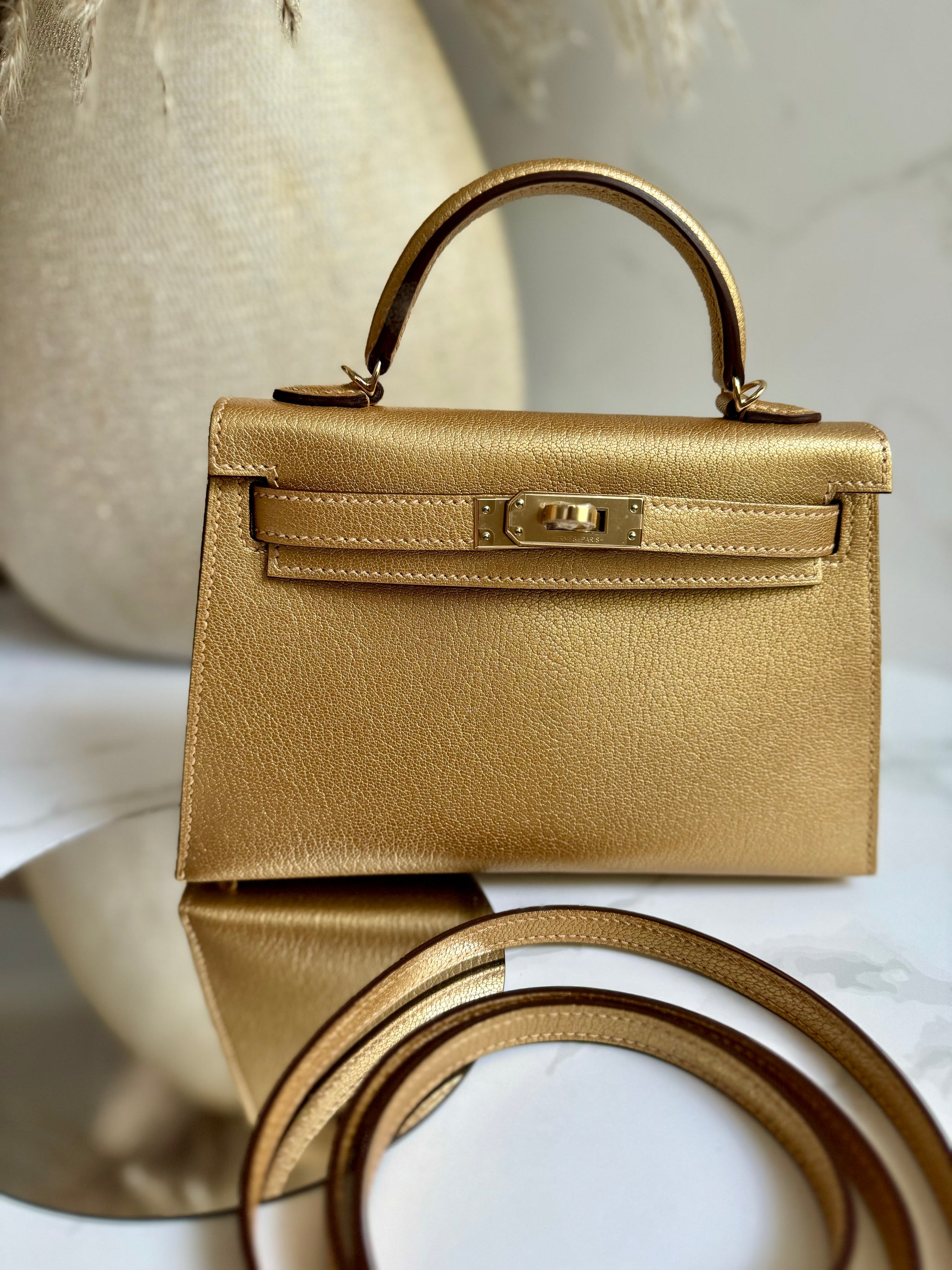 Hermès Mini Kelly Dore Metallic Gold Chèvre Olympic 2024 Champagne HW