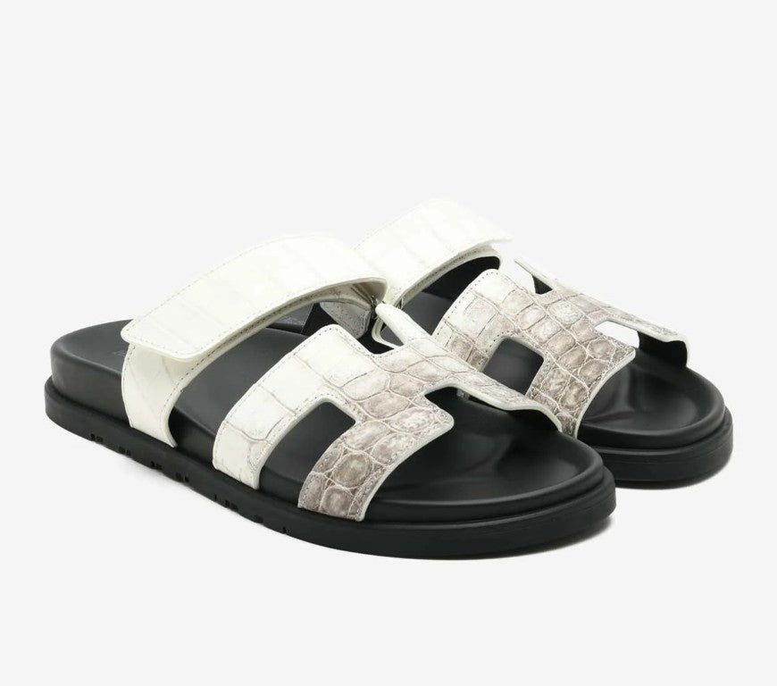 BNIB HERMÈS Chypre Sandals White Niloticus Crocodile Himalaya - Size 3
